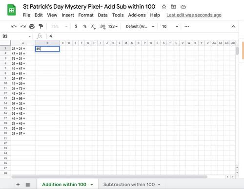 St. Patrick's Day | Mystery Pixel | Addition and Subtraction within 100