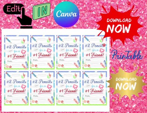 Pencil Valentine Cards Editable Canva Classroom Gift Tag Printable ...