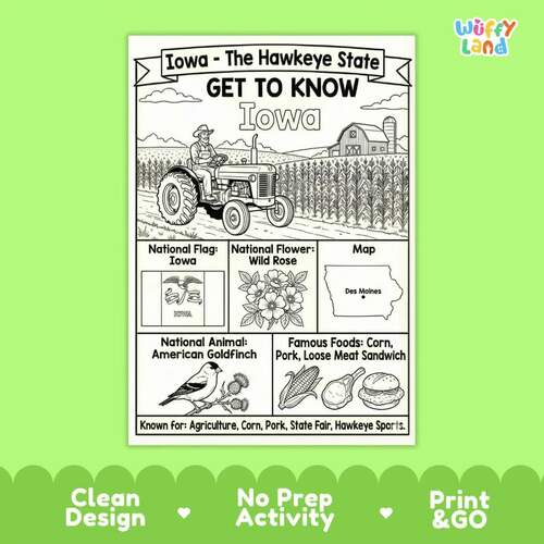 Iowa State Study Geography Coloring Page Poster Activity Worksheet by ...