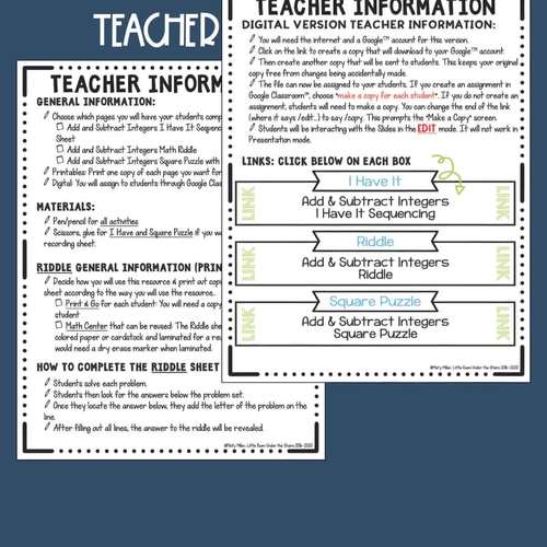 Adding and Subtracting Integers Math Activities Puzzles and Riddle - No ...