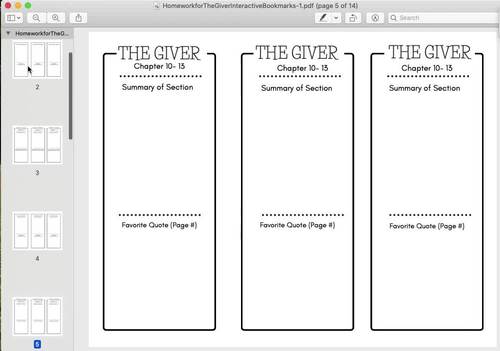 "The Giver" Reading Homework - Interactive Bookmarks by Common Core Tweens