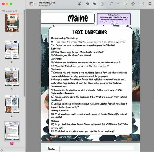 Maine || US States || Information Text Close Reading Comprehension