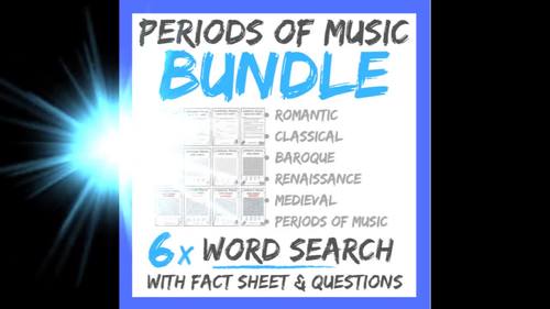 Periods of Music BUNDLE of 7 Word Searches + 1 Assessment by Sunshine Music
