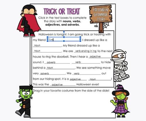 Halloween Nouns and Verbs Fill in the Parts of Speech - Print and Digital
