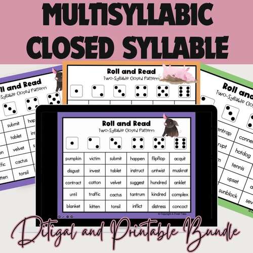 Roll & Read Multisyllabic 2 Syllable Closed Words Sentences Digital ...