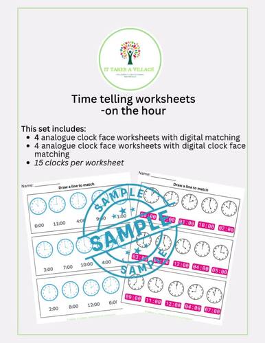 Time telling worksheets-to the hour-draw line to match analogue to digital