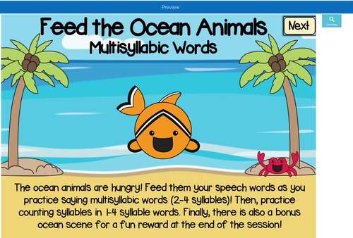 Feed the Ocean Animals Multisyllabic Words Boom Cards Summer Speech Therapy
