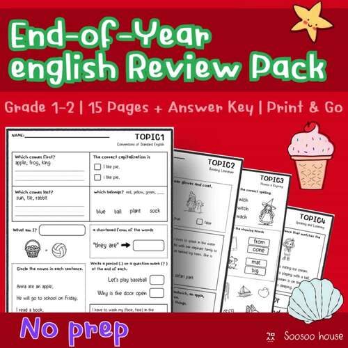 End of Year English Review Pack | Grade 1–2 ELA/ESLWorksheets | Print & Go