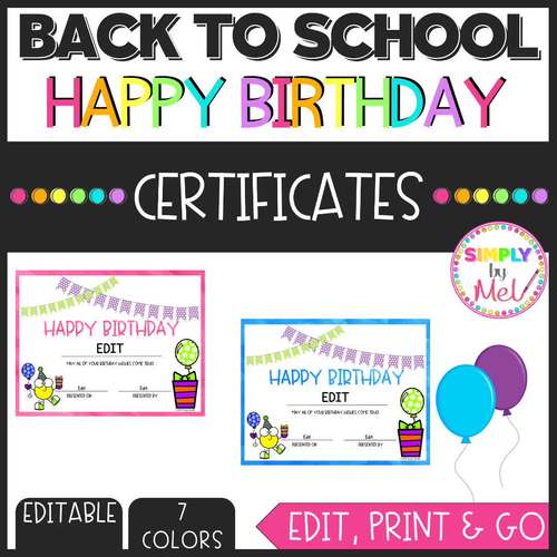 Happy Birthday Certificates l Print and Go l EDITABLE by Simply By MEL