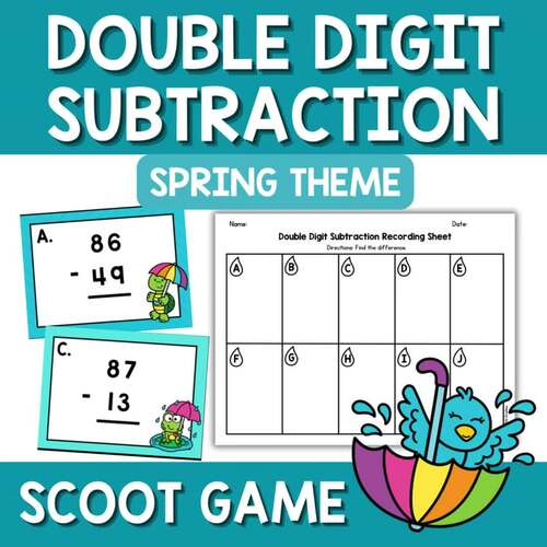 Spring Double Digit Subtraction Scoot Game Regrouping Math Center Task ...