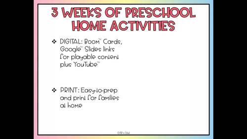 Preschool distance or virtual learning or sub plans 3 Weeks of Activities