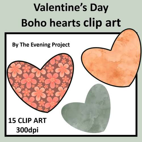 Valentine’s Day Boho colors hearts clip art/ floral patterned & watercolor
