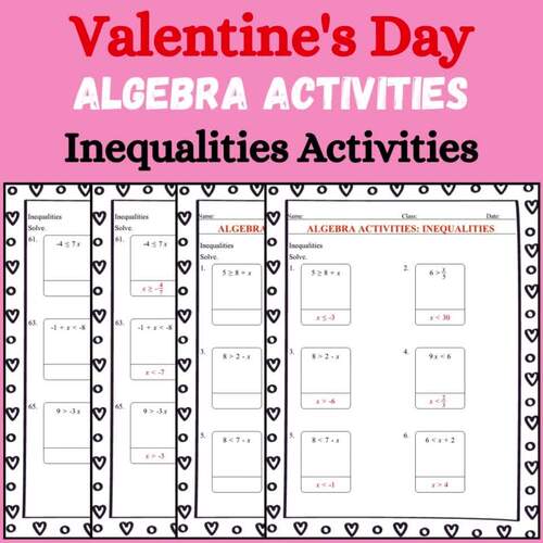 Valentine's Day Algebra Math Activities: Inequalities Worksheet No Prep
