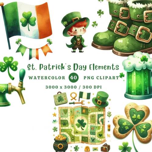 St. Patrick's Day Watercolor Clipart PNG by Adorable Clipart | TPT