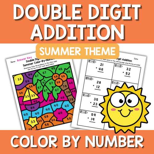 Summer Double Digit Addition Color by Number Math Center 2nd Grade ...
