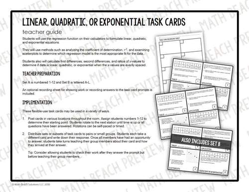 Linear Quadratic Or Exponential Task Card Activity By Math Beach