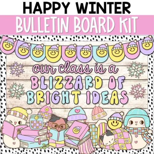 Happy Winter Bulletin Board January Door Decor Winter Smiley Face Cat ...