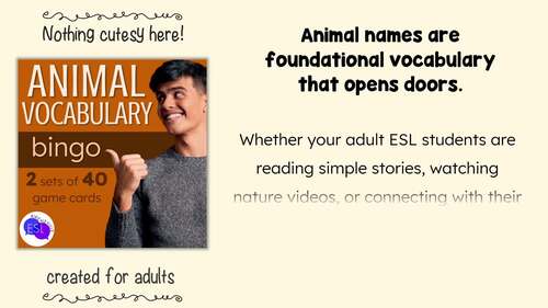 Animal Vocabulary Bingo Game for Adult ESL Students | Photo Bingo Cards