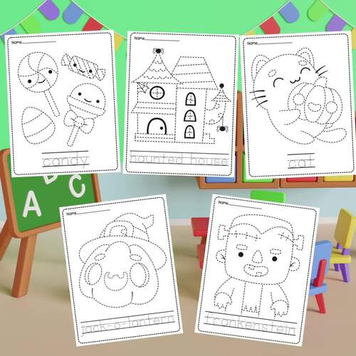 Halloween Trace & Color, Coloring Page for Kindergarten, Fall Tracing ...