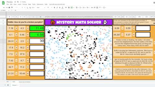 Halloween - Add & Subtract Decimals - Digital Math Activity - Pixel Art