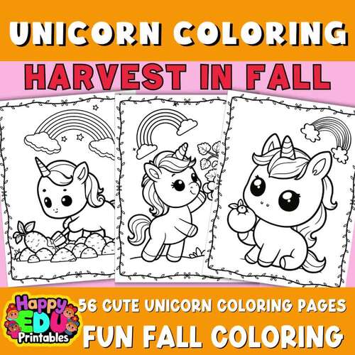 Unicorns Coloring Sheets | Cute Unicorn Harvest In Fall | Autumn ...