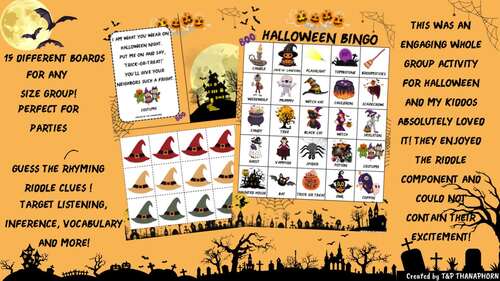 Halloween Bingo Riddles Game. Halloween Party Activities. | TPT
