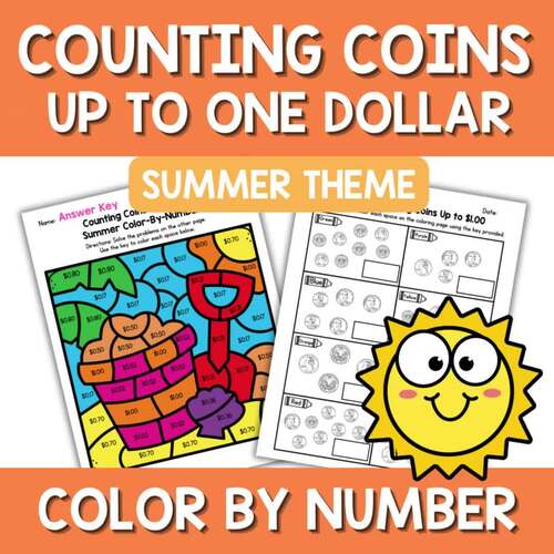 Summer Counting Coins Color by Number (Money Up to $1.00) Math Center ...