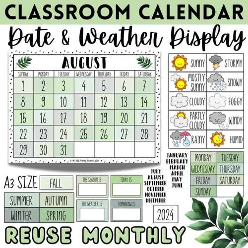 Classroom Calendar & Weather Display | Day Month Year Season | Green ...