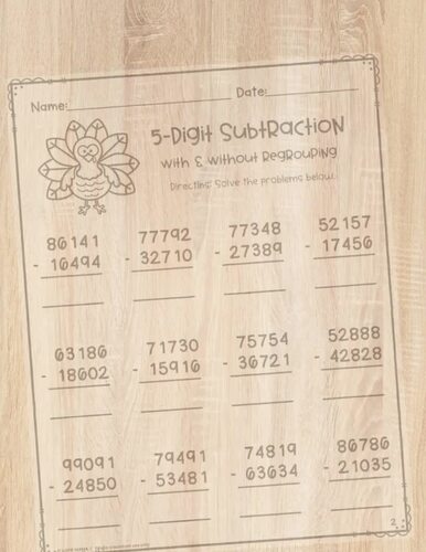 Thanksgiving Turkey 5 Digit Subtraction Worksheets With & Without ...