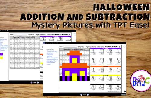 Halloween 3 Digit by 2 Digit Addition and Subtraction Mystery Pictures