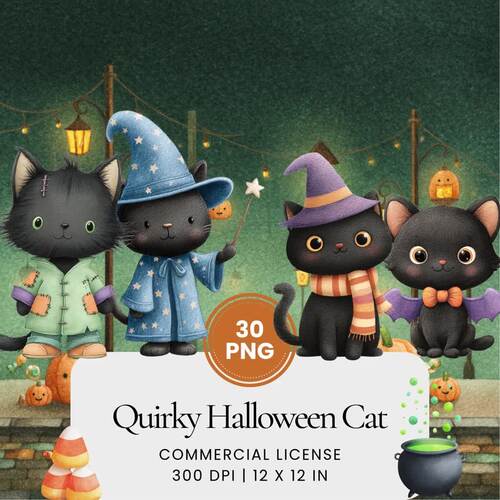 Quirky Halloween Cat Watercolor Clipart by Ikota Design | TPT