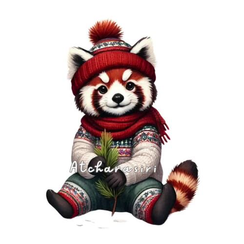 Red Panda Christmas Watercolor Clipart by Atcharasiri Whimsy Colors