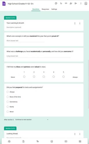 High School End-of-Year STUDENT SURVEY | Editable Google Form | G9-12