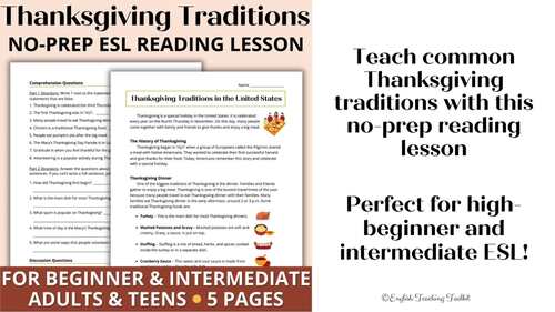Adult ESL Thanksgiving Reading Comprehension Activities Thanksgiving ...