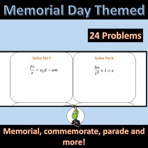 Memorial Day Literal Equations Solving Worksheet | Algebra 1 | TPT