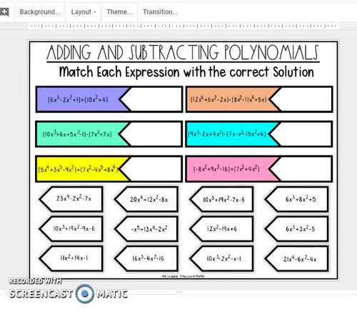 Adding and Subtracting Polynomials Activity: Google Drive Matching Pages