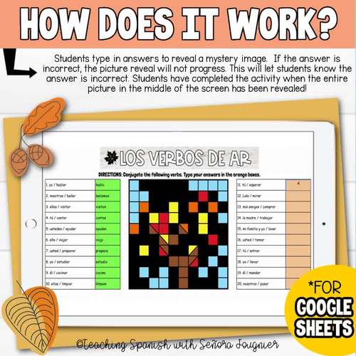 Fall Spanish Present AR Verb Mystery Images Spanish Conjugation Activity