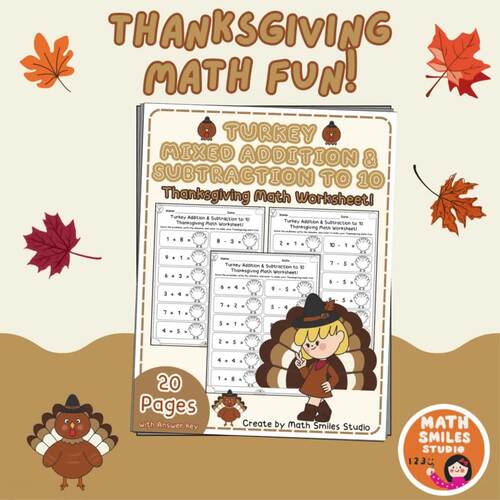Turkey Mixed Addition & Subtraction to 10 | Thanksgiving Math | K-1st Grade