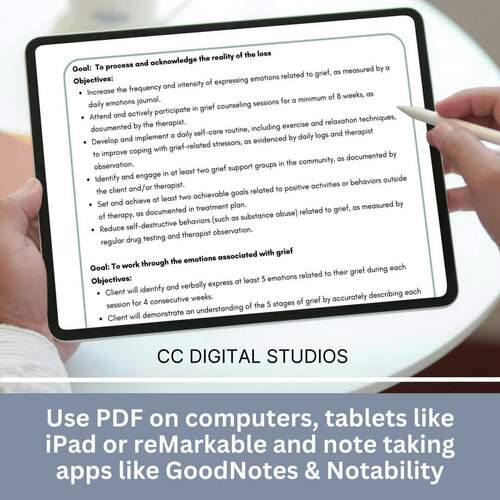 Grief Therapy Treatment Plan Cheat Sheet, Therapy Tool Measurable Goals