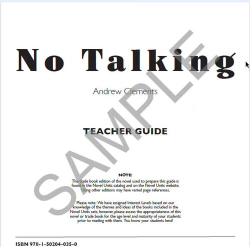 No Talking Novel Units® Teacher Guide Novel Study | TPT