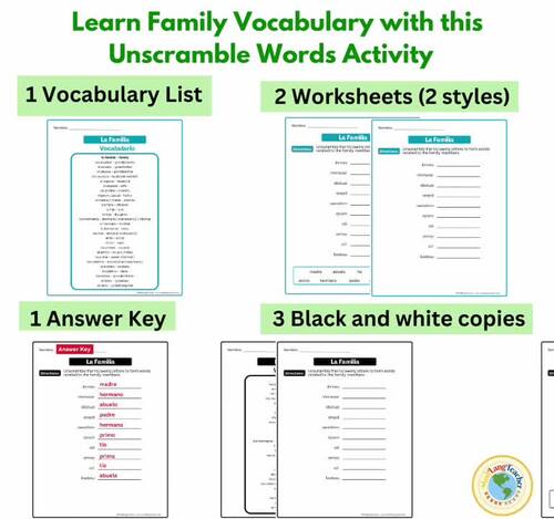 Spanish Family Unscramble Words Vocabulary Activity Printable Print & Go