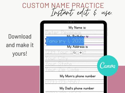 Editable My Name, My Address, Birthday Practice Worksheet in Canva for ...