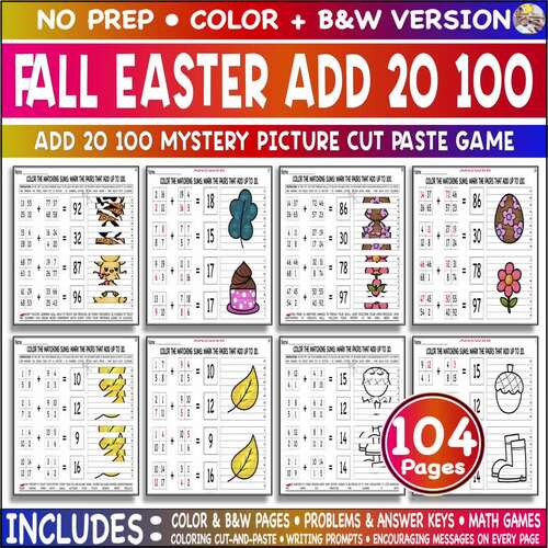 Mystery Picture Cut Paste Color Game Puzzle Task Fall Easter Add 20 100 ...