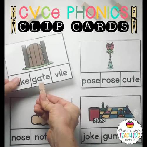 Literacy Centers: CVCe Phonics Clip Cards (Includes long vowel sounds ...