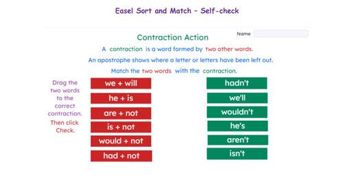 Contraction Action Sort & Match - Printable, Easel Drag & Drop with ...