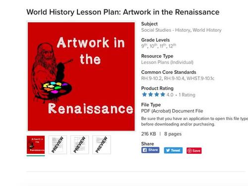 World History Lesson Plan: Artwork in the Renaissance by Social Studies ...