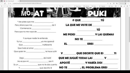 Morat, Duki - "Paris'' Spanish Cloze Song Sheet *with VIDEO W/ LYRICS*