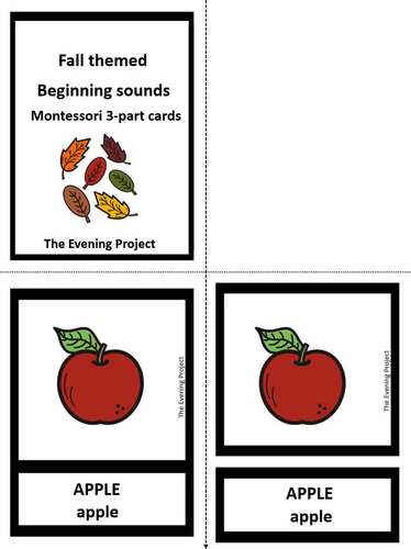 Fall themed Beginning sounds Montessori 3-part cards /Autumn Montessori