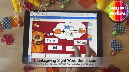 Thanksgiving Sight Words Sentence Building - List 3 -Boom Cards | TPT