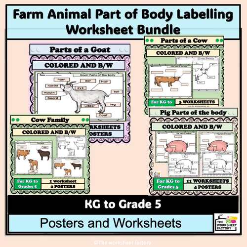 Farm Animal Part of Body Labelling Worksheet Bundle for KG-Grade 5